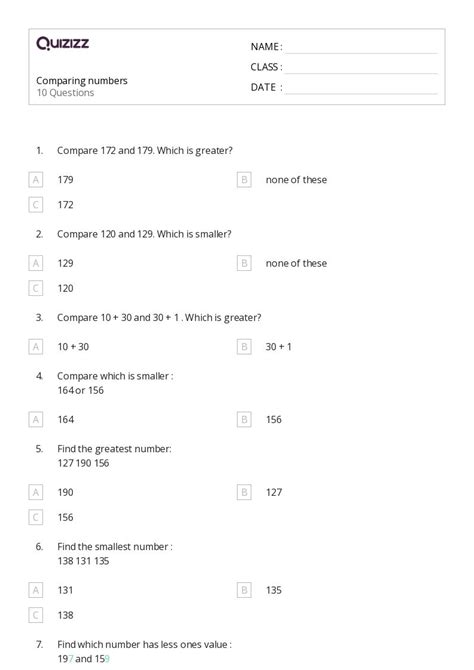 50 Comparing Numbers 0 10 Worksheets For 1st Class On Quizizz Free