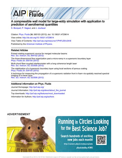 PDF A Compressible Wall Model For Large Eddy Simulation With Application To Prediction Of