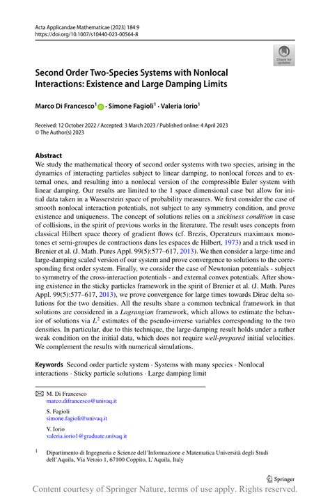 Pdf Second Order Two Species Systems With Nonlocal Interactions Existence And Large Damping