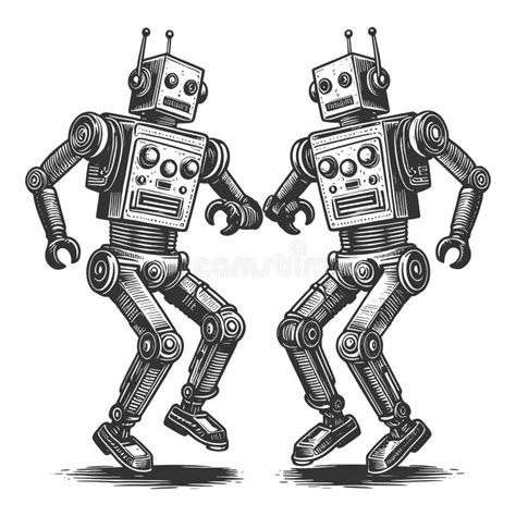 Dancing Robots Engraving Vector Illustration Stock Vector