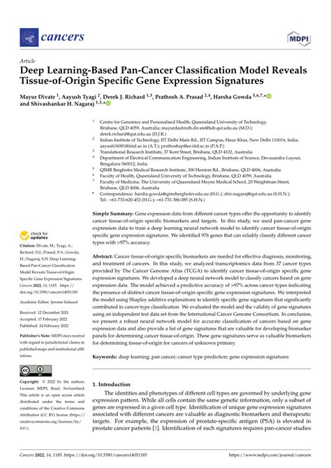 Pdf Deep Learning Based Pan Cancer Classification Model Reveals Tissue Of Origin Specific Gene