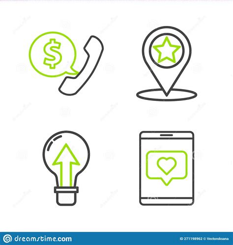 set line mobile phone and like with heart light bulb map pointer star