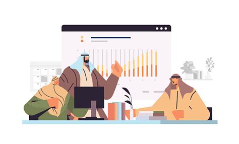 컨퍼런스 미팅 비즈니스 프레젠테이션에서 아랍 기업인을 위한 재무 통계 그래프를 제시하는 사업가 경영자에 대한 스톡 벡터 아트 및