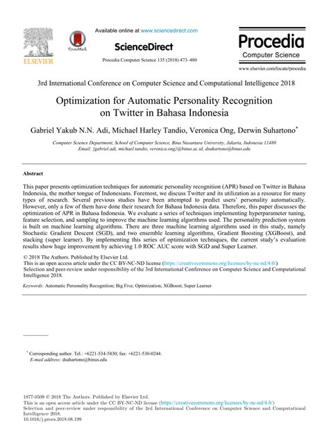 Pdf Optimization For Automatic Personality Recognition On Twitter In Bahasa Indonesia