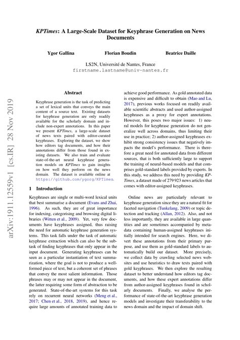 Pdf Kptimes A Large Scale Dataset For Keyphrase Generation On News