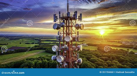 Aerial Perspective Of Modern 5g And 4g Telecommunication Infrastructure Cell Tower Antennas And