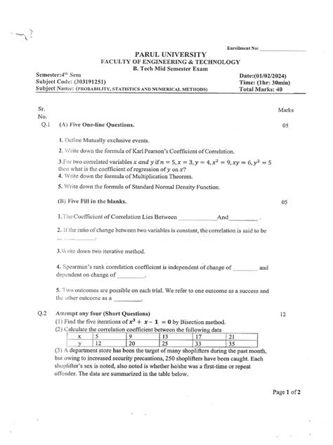 Probablity Statistics And Numerical Methods Internal Pdf