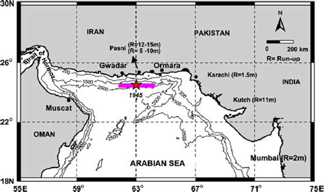 Areas Affected By The Makran Tsunami Of 1945 In The Msz And Reported Download Scientific