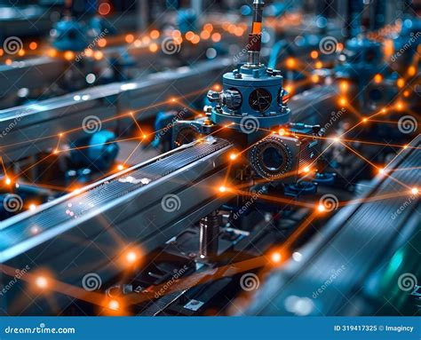 Macro View Of Networked Smart Sensors On An Advanced Assembly Line Showcasing Futuristic