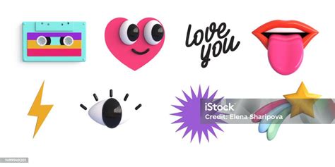 3d 트렌디 한 복고풍 스티커 컬렉션과 그루비 스타일 세트 카세트 하트 미소 눈 조명 안녕하세요 별 무지개 사랑해 혀 아이콘이 있는 입술 3d 렌더링 Illustartion