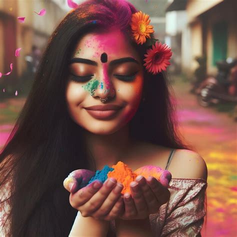 Premium Photo Indian Young Woman Playing With Color At Holi Festival