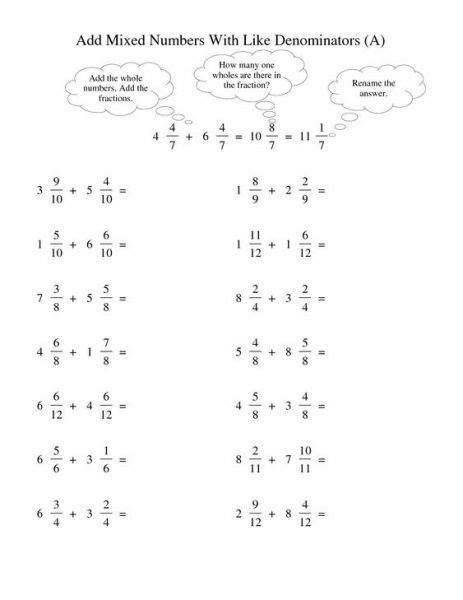 Adding Mixed Numbers Like Denominators Worksheet Artofit
