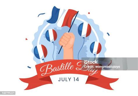 7월 14일 해피 바스티유 데이 프랑스 국기와 에펠탑이 있는 벡터 일러스트레이션은 랜딩 페이지 템플릿을 위해 손으로 그린 플랫