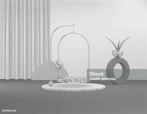 3d 렌더링 추상적 인 연단 프리젠 테이션 상품 반짝이는 실버 아치와 체인 커튼 파스텔 화이트 그레이의 다양한 색상의 장식 꽃