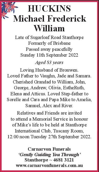 Huckins Michael Frederick William Carnarvon Funeral Services