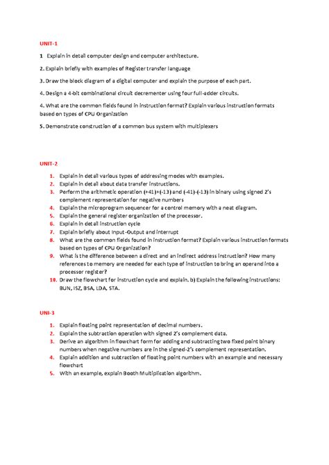 Coa Imp Questions Unit 1 1 Explain In Detail Computer Design And