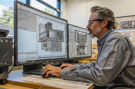 Premium Photo Engineer Working On A Computer With Two Displays