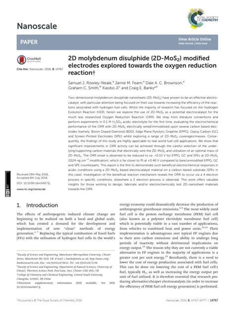 2d Molybdenum Disulphide 2dmos2 Modified Electrodes Explored Towards The Oxygen Reduction
