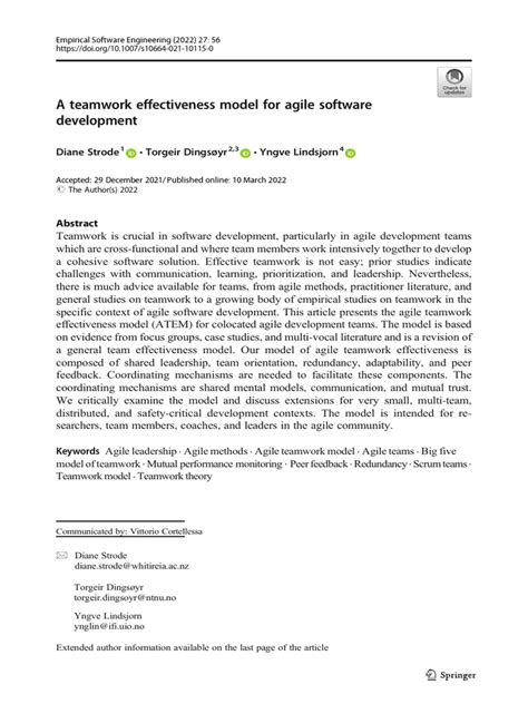 a teamwork effectiveness model for agile software developement pdf
