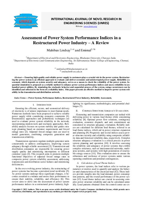 Pdf Assessment Of Power System Performance Indices In A Restructured