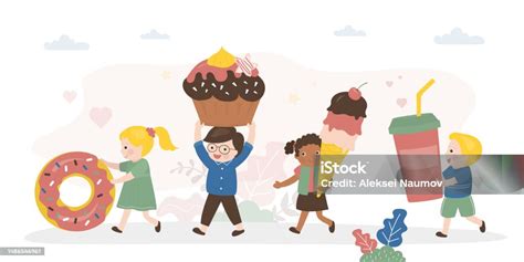 다양한 달콤한 음식을 나르는 배고픈 아이들 다민족 어린이 캐릭터는 다른 맛을 가지고 있습니다 달콤한 음식 아이스크림 도넛 컵 케이크 소다 건강에 해로운 영양 아이에 대한