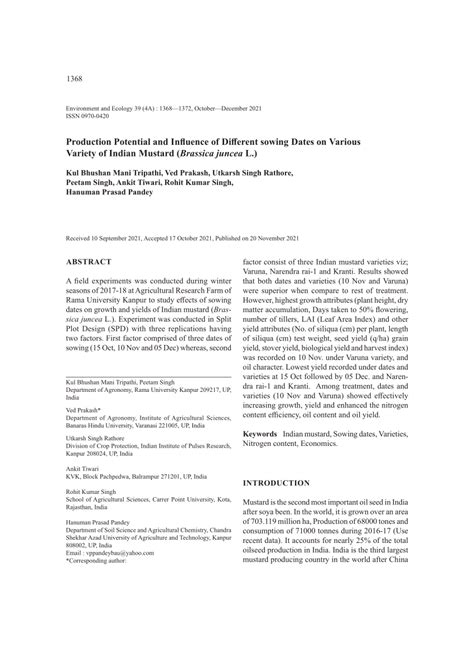 Pdf Production Potential And Influence Of Different Sowing Dates On
