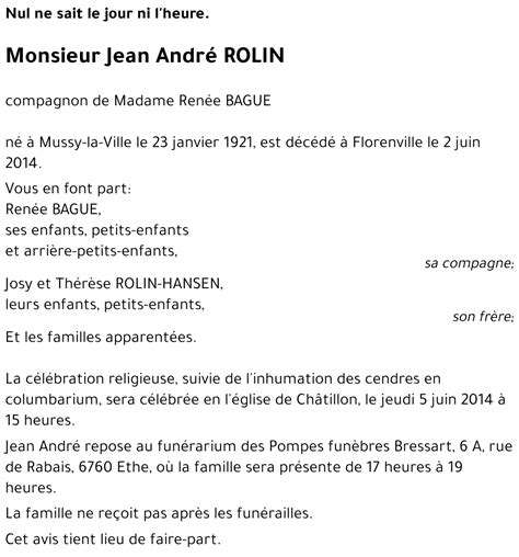 Avis De Décès De Jean André Rolin Décédé Le 02 06 2014 à Florenville Annonce Condoléances