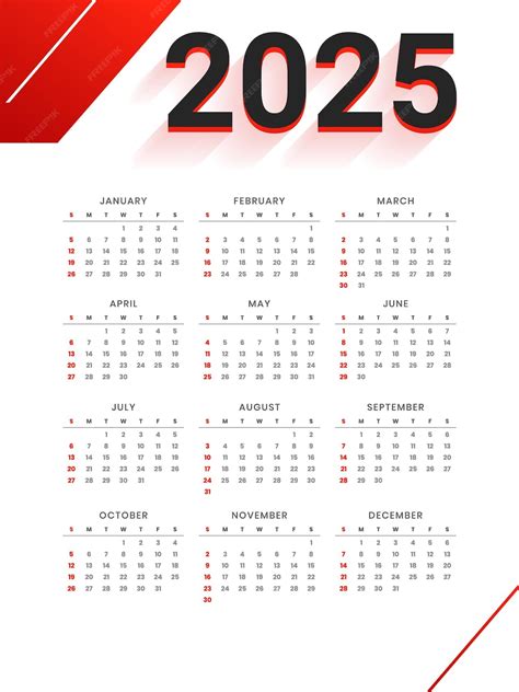 Free Vector Printable 2025 Event Planner Calendar Template In White Red