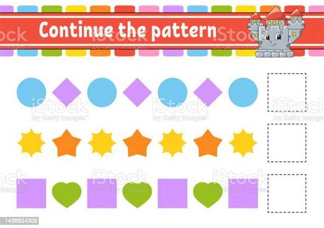 패턴을 계속하십시오 교육 개발 워크시트 아이들을위한 게임 활동 페이지 아이들을위한 퍼즐 유치원 수수께끼 귀여운 만화 스타일 벡터 그림입니다 교사 교육 관련 직업에 대한 스톡