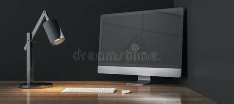Modern Designer Wooden Desktop With Empty Mock Up Computer Monitor Lamp And Keyboard Editorial