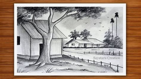 How To Draw Pencil Sketch For Beginners Village Scenery Drawing