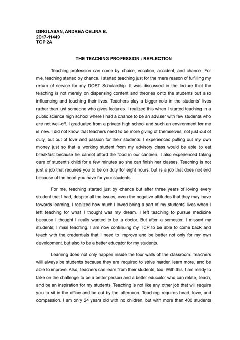 1 Reflection On The Teaching Profession Dinglasan Andrea Celina B