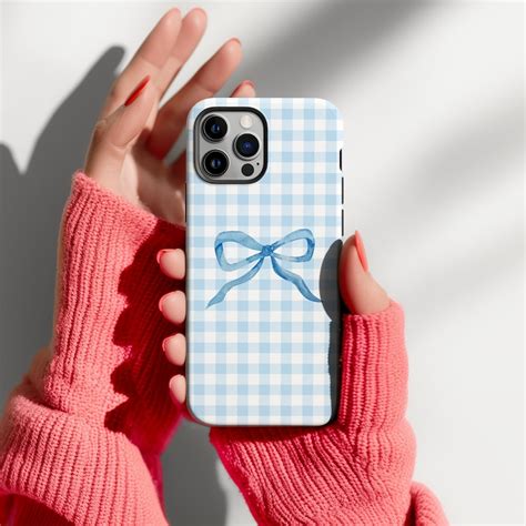 Blue Gingham And Bow Phone Case Cute Girly Aesthetic Iphone 16 15 14 13