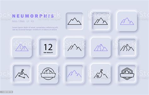 산 설정 아이콘입니다 산맥 경력 경로 목적지 하이킹 관광 깃발 위치 포인터 로고 성취 피크 노력 상단 자연 개념입니다 신형성 스타일 벡터 선 아이콘 0명에 대한 스톡 벡터
