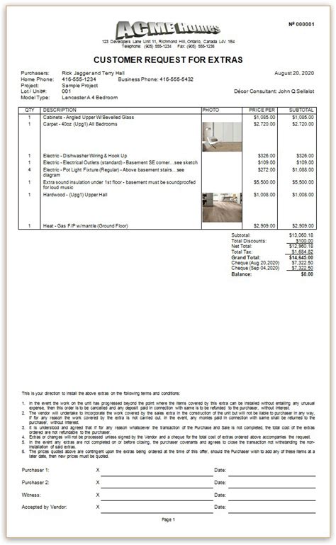 Homes Sample Document Request For Extras Extras Sheet