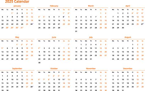 日历表2025年日历 英文版 横向排版 周一开始 带节假日调休安排 模板 Df004 日历精灵