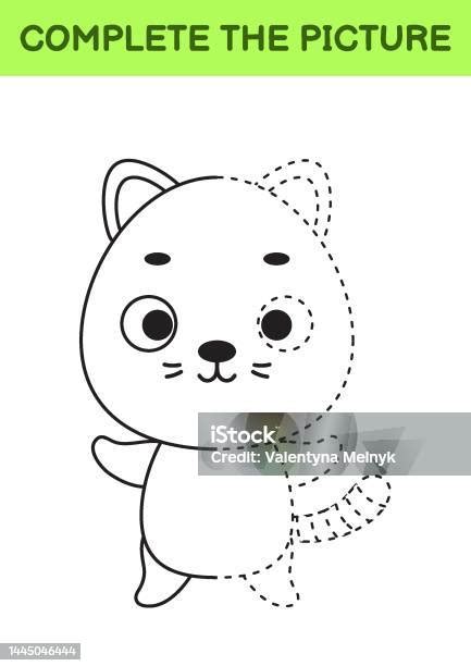 귀여운 고양이의 완전한 그려진 그림 색칠 공부 도트 카피 게임 필기 연습 그리기 기술 훈련 인쇄 가능한 워크시트를 개발하는 교육