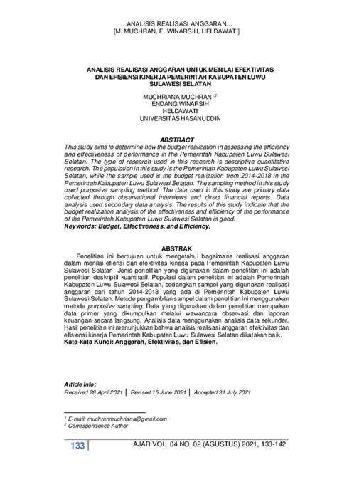 Pdf Analisis Realisasi Anggaran Untuk Menilai Efektivitas Dan Efisiensi Kinerja Pemerintah