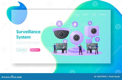 Security Characters Monitoring Surveillance System Landing Page Template Tiny Men At Huge Video