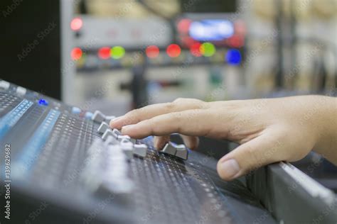 Studio Working With Sound And Light Mixer Console Hands Of Sound Engineer Working On Recording