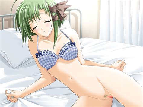 rule 34 bed bra closed eyes female game cg green hair nipples pillow pussy shigure asa short