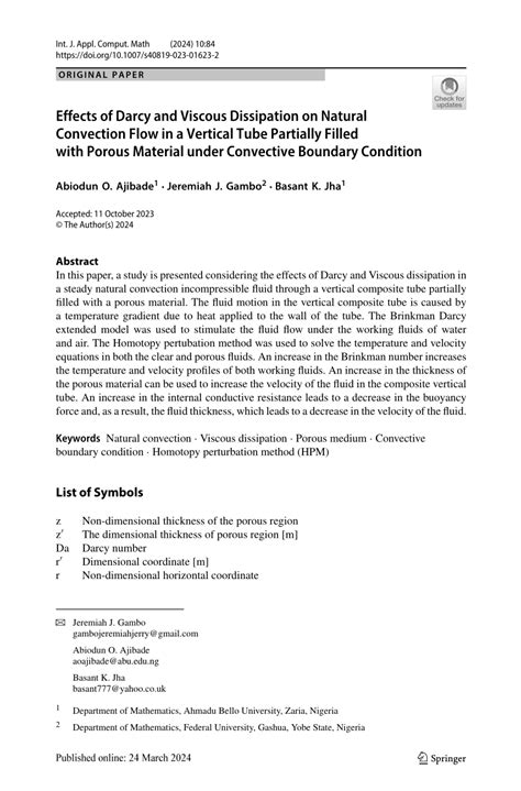 Pdf Effects Of Darcy And Viscous Dissipation On Natural Convection Flow In A Vertical Tube