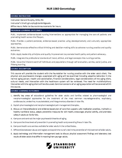 Nur 1060 Gerontology Course Syllabus And Learning Outcomes Studocu