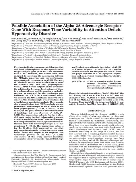Pdf Possible Association Of The Alpha 2a Adrenergic Receptor Gene Adra2a With Symptoms Of