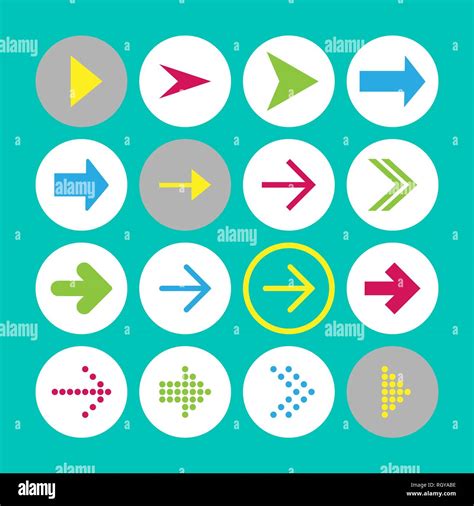 Set Of 16 Rigth Arrow Icons Arrow Buttons On Turquoise Background In White Gray And