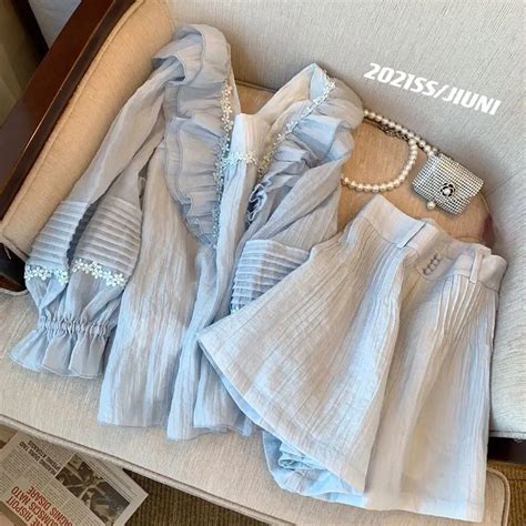 프레피 스타일 루즈 블루 셔츠 Y2k 상의 프릴 블라우스 한국 와이드 레그 반바지 투피스 세트 여성 의상 2023 신상 Aliexpress