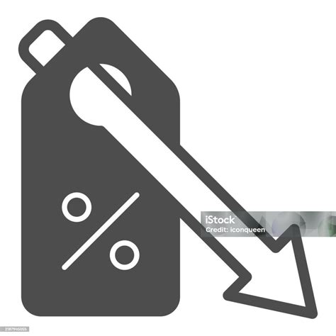 아래쪽 화살표 단색 아이콘이 있는 할인 태그 가격 하락 개념 벡터 그래픽 흰색 배경에 화살표 기호가 있는 백분율 레이블 모바일 또는 웹 디자인용 글리프 스타일 아이콘 가격에