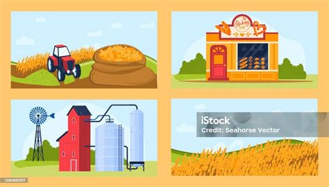 밀가루 밀링 산업을 위한 밀농가 곡물 수확 만화 플랫 팜 트랙터 세트 밀링 기계 가공에 대한 스톡 벡터 아트 및 기타 이미지