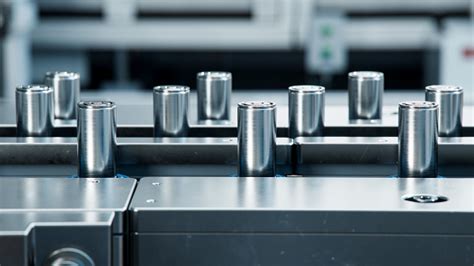 컨베이어에 있는 고전압 전기 자동차 배터리용 리튬 이온 전지의 클로즈업 고성능 및 고용량 배터리 제조 생산 라인에 자동차 산업을 위한 배터리 셀 배터리 전원에 대한 스톡