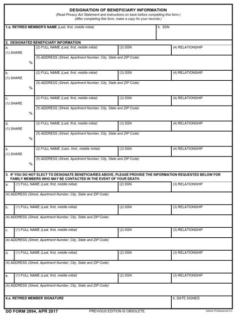 Dd Form 2894 Designation Of Beneficiary Information Free Online Forms